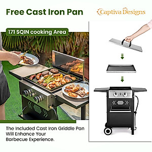 Captiva Designs 2-Burner Propane Gas BBQ Grill with Cast Iron Griddle Pan, 20,000 BTU Output Small Barbecue Grill for Outdoor, Patio, Backyard and Balcony