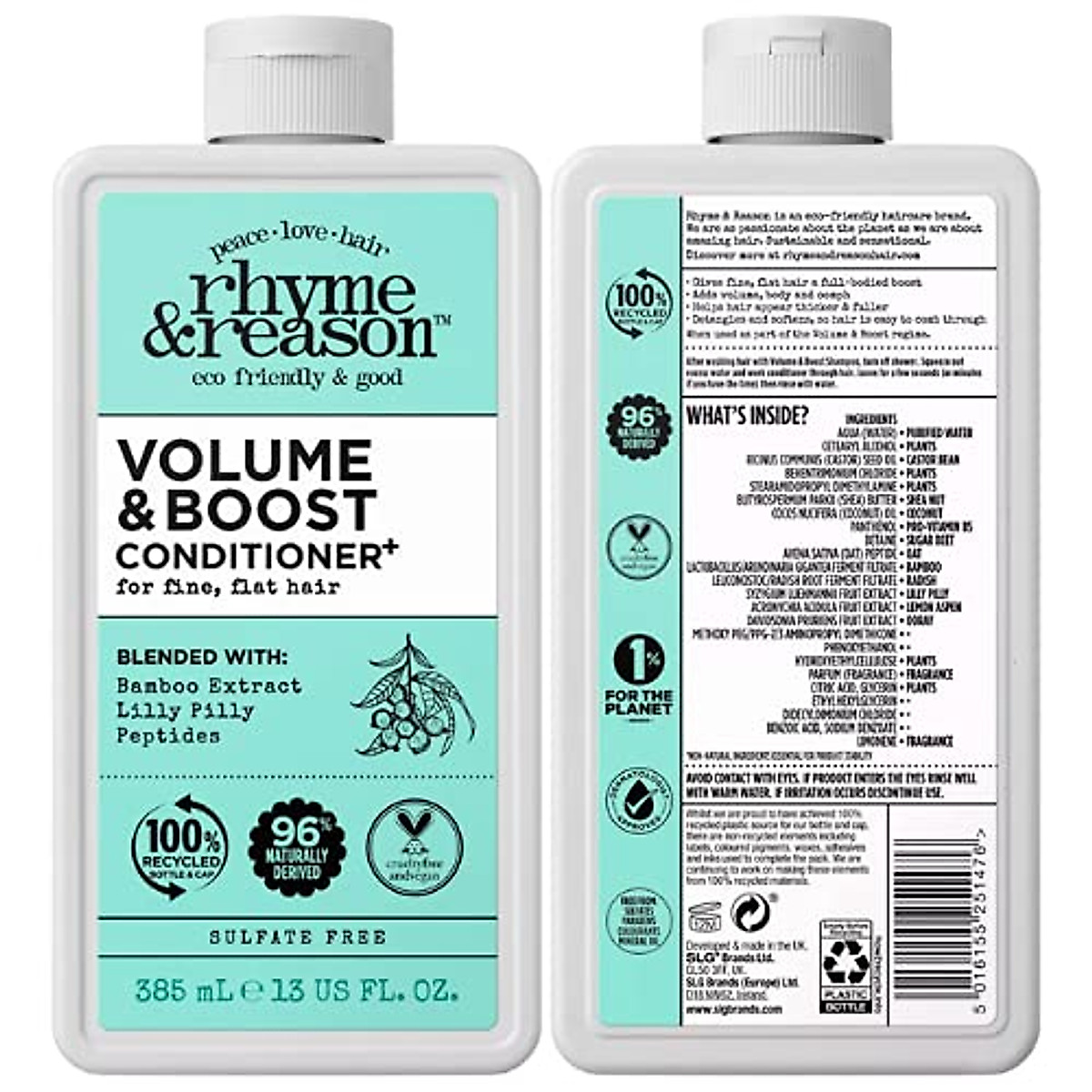 RR Hair Rhyme & Reason Volume and Boost Shampoo and Conditioner SET. 13 Fl Oz. Bottles. Blended with Bamboo Extract, Lilly Pilly, & Peptides. Adds Volume and Body.