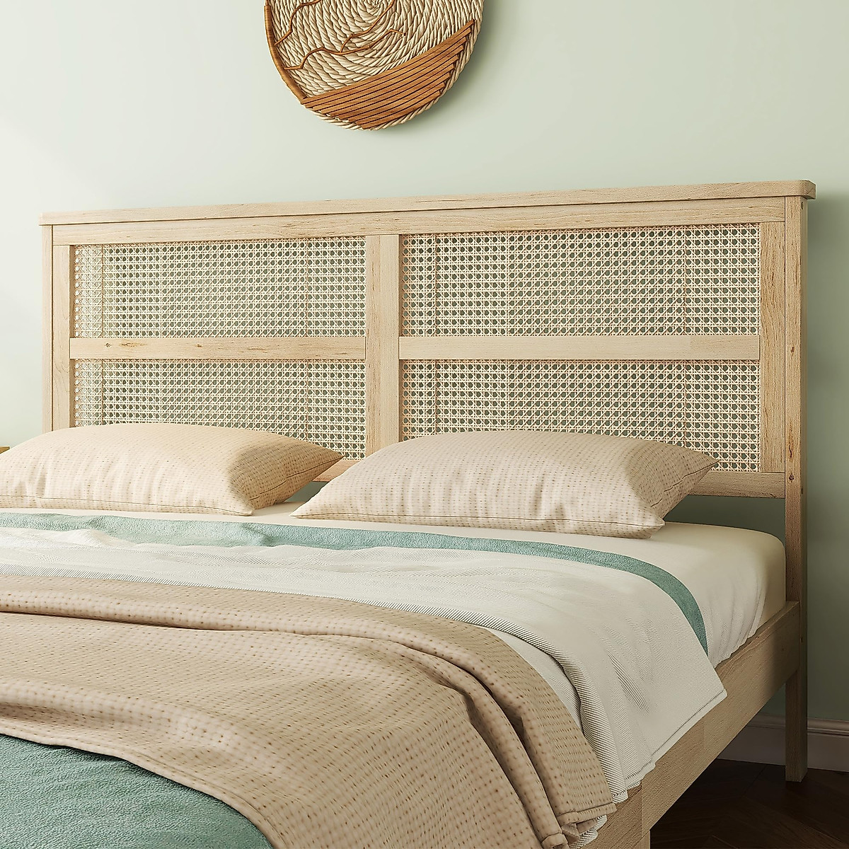 Queen Size Bed Frame with Rattan Headboard,Solid Wood Platform Bed with Strong Wooden Slats,Queen Bedframe,No Box Spring Needed, Natural