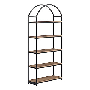 Nathan James Haven Etagere Bookshelf, 5-Shelf Bookcase in Oak Wood and Black Metal Frame with Arch Top and Open Shelves, Oak/Black