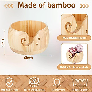 Wooden 6 x 6 x 3 Inch Yarn Bowl Crocheting Bowl Round Knitting Wool Storage Yarn Bowl Handmade with Holes 12 Pieces Crochet Hooks for Crocheting Knitting DIY Crafts Tools (Natural Color)