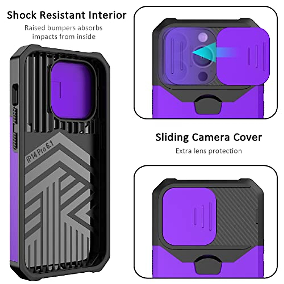Nvollnoe for iPhone 14 Pro Case with Sliding Camera Cover and Card Holder Heavy Duty Protective iPhone 14 Pro Case with Ring Magnetic Kickstand Phone Case for iPhone 14 Pro 6.1 inch(Purple)