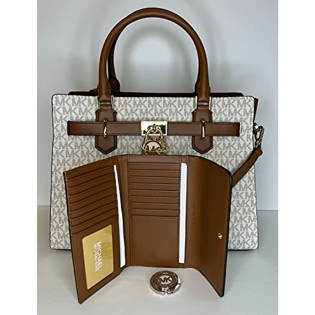 MICHAEL Michael Kors Hamilton MD Satchel bundled with Trifold Wallet and Purse Hook (Signature MK Vanilla/MK Vanilla)