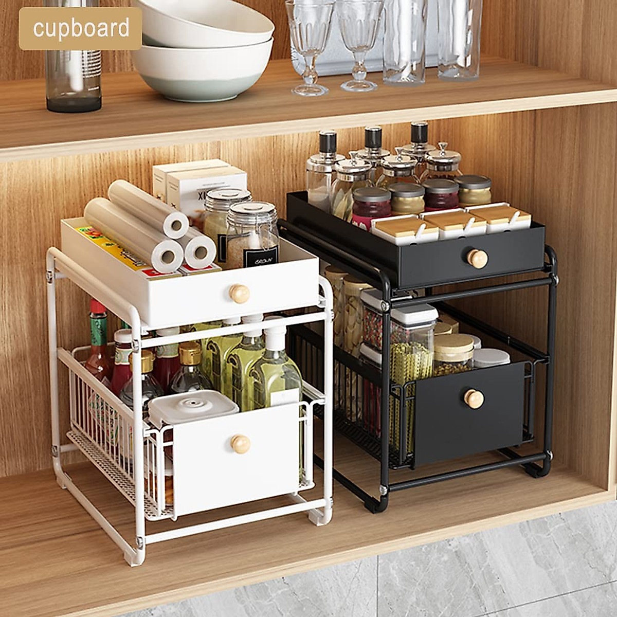 Under Sink Organizer and Storage, 2-Tier Cabinet Organizer with Sliding Baskets Drawer, Bathroom Countertop Storage Shelf Kitchen Under Sink Storage Rack (White)