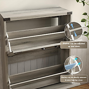 Maupvit 24" W Farmhouse Shoe Cabinet Storage for Entryway, Freestanding Organizer with 2 Flip Drawers, Narrow Shoe Rack Cabinet with Metal Corner Decoration, Washed Gray
