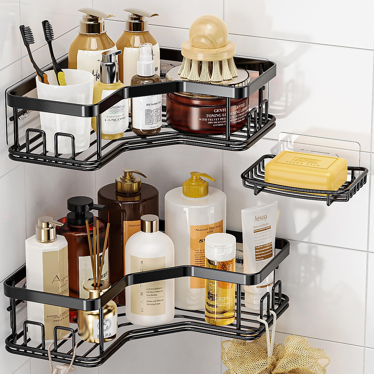 MAXIFFE Shower Caddy, 3-Pack Shower Organizer with Soap Holder, Corner Shower Caddy with 8 Hooks, Wall Mounted Shower Shelf for Bathroom, Kitchen, Countertop, Black