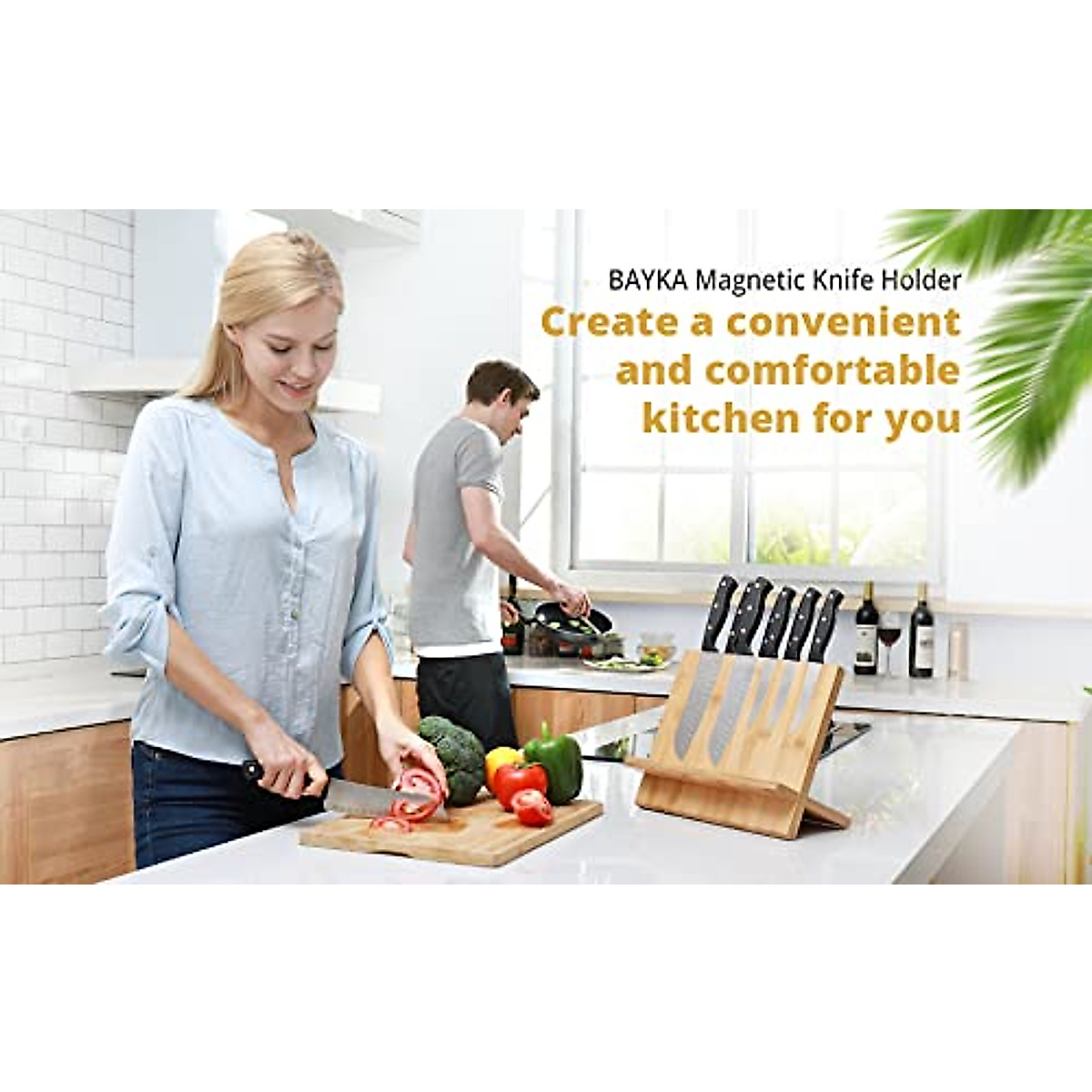 Kitchen Seven Knife Block Magnetic Knife Holder with Powerful Magnet, 100% Pure Bamboo Large Capacity Knife Organizer Block, Double Side Strongly Magnetic Kitchen Utensil Display Stand