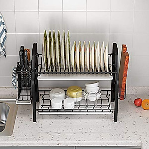 1Easylife Dish Drying Rack, 2 Tier Dish Rack Stainless Steel with Utensil Knife Holder and Cutting Board Holder Dish Drainer with Removable Drain Board for Kitchen Counter Organizer Storage