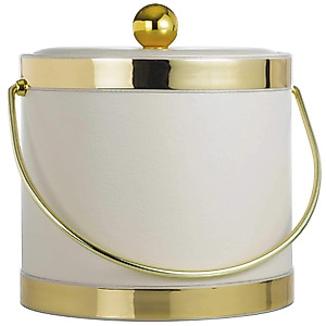 Hand Made In USA Tiffany Off White With Dual Gold Bands Double Walled 3-Quart Insulated Ice Bucket With Bonus Ice Tongs