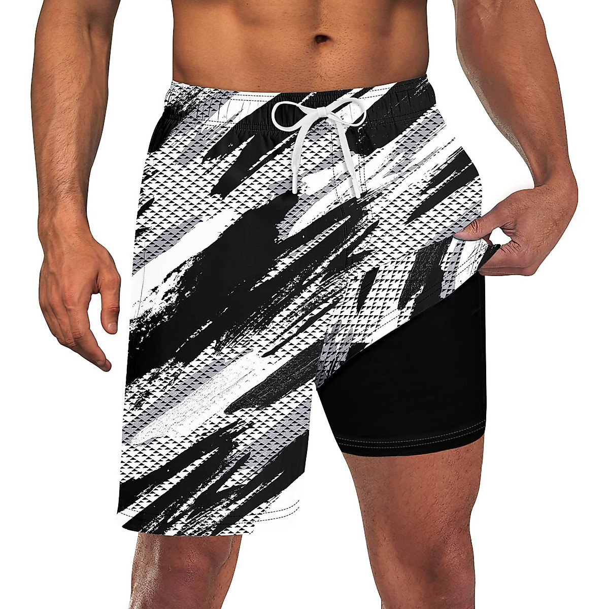 Goodstoworld Mens Swimming Trunks Compression Liner Swimwear Swim Board Shorts 9 Inch Inseam Beach Bathing Suits Black White Graffiti