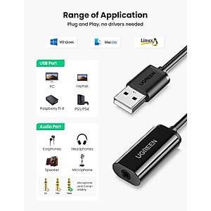 UGREEN USB External Sound Card Audio Adapter with 3.5mm Combo Aux Stereo Converter 24bit/192kHz for Headset Mac PS5 PC Laptop Desktops Windows and Linux Black