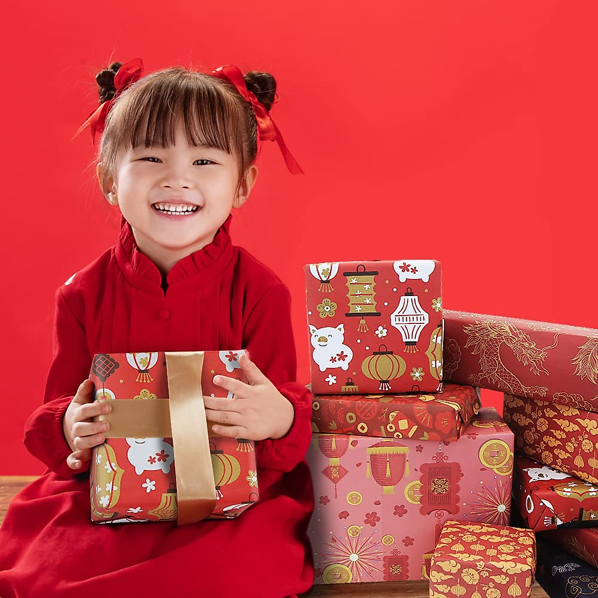 Gift Birthday Wrapping Paper Eastern China Theme For Mom Dad Boys Girls Friends, 20x28" Per Sheet(6 sheets:23 sq.ft.ttl.) Red Gift Wrap for Chinese Lunar New Year 2022 Spring Festival Wedding Baby Shower Christmas