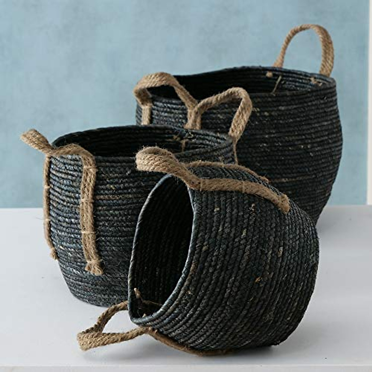 Rustic Black 3 Piece Basket Set, Floor and Shelf Organizers, Corn Husk Wicker, Durable, Coiled Rope Weave, Handles, Stitched, Reinforced, Rustic Home Decor, Round, 13.75, 11, 9 Diameter Inches
