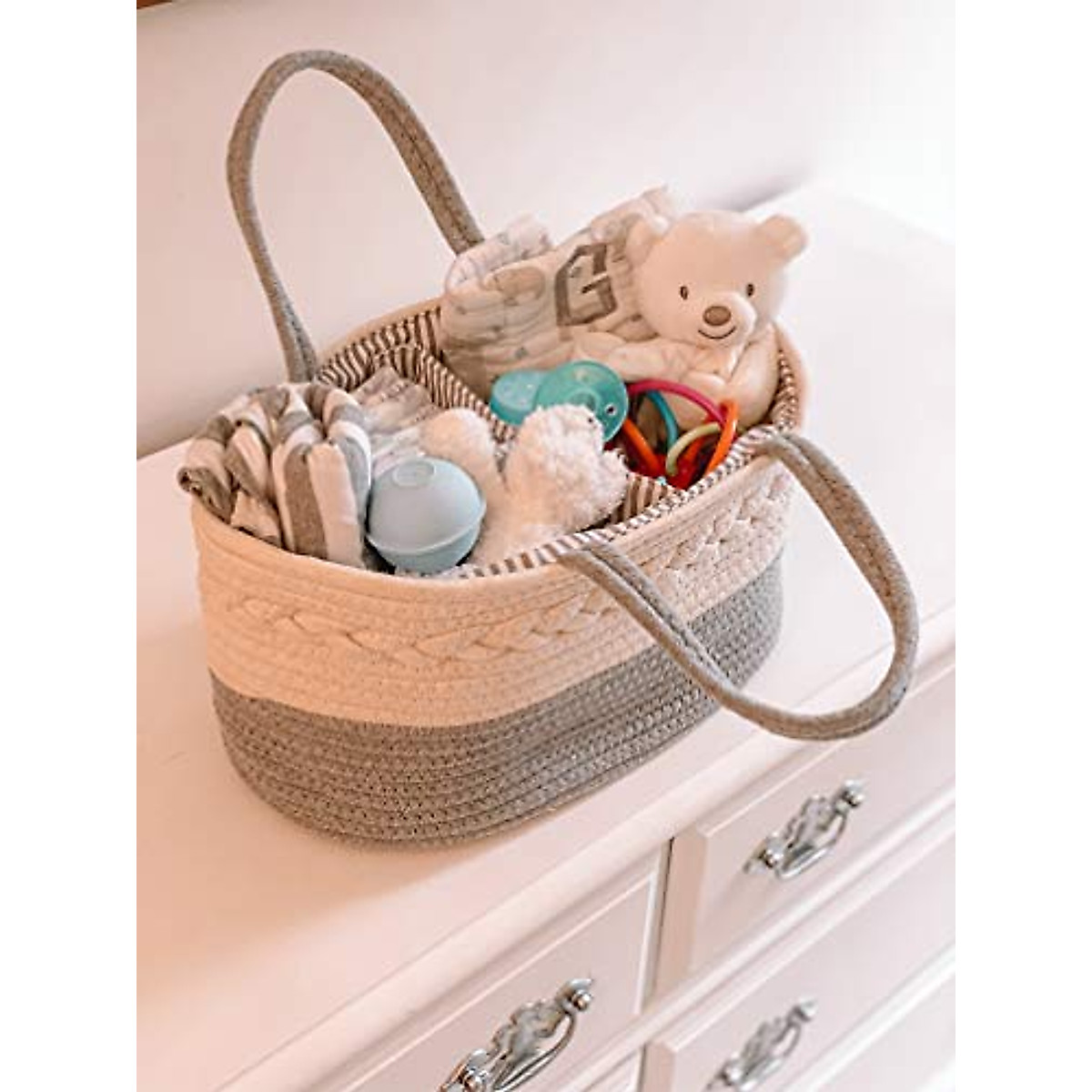 Stroller Society Diaper Caddy Organizer for Baby, Nursery Storage Basket, Cotton Rope Storage Basket (Gray)