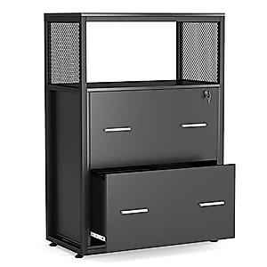 Tribesigns 2 Drawer Lateral File Cabinet with Lock, Letter/Legal / A4 Size, Large Modern Filing Cabinet Printer Stand with Metal Wire Open Storage Shelves for Home Office (Black)