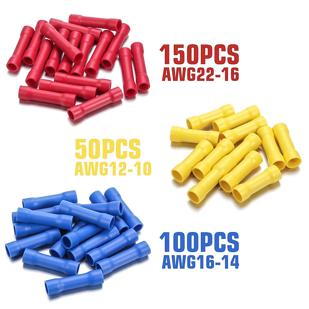 Qibaok 300 PCS Butt Splice Crimp Connectors Insulated Electrical Straight Wire Terminal Connectors 10-22AWG