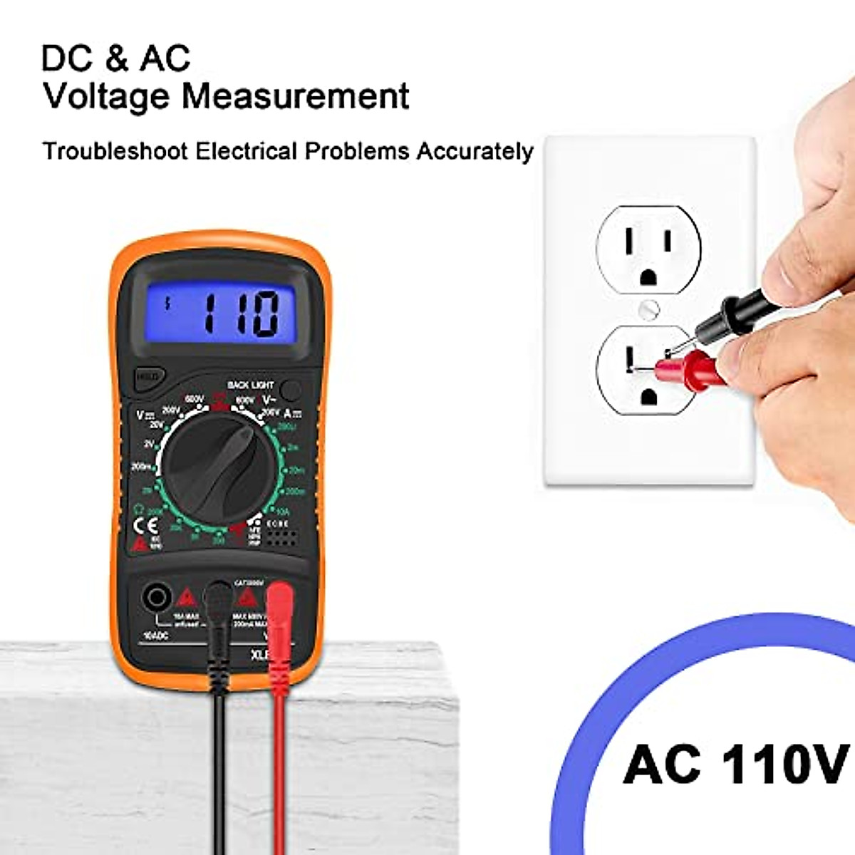 Digital Multimeter Voltmeter Battery Circuit Multi Tester OHM Volt Amp AC DC Voltage Current Continuity Resistance Diodes Electrical Test Meter with Test Leads LCD Display
