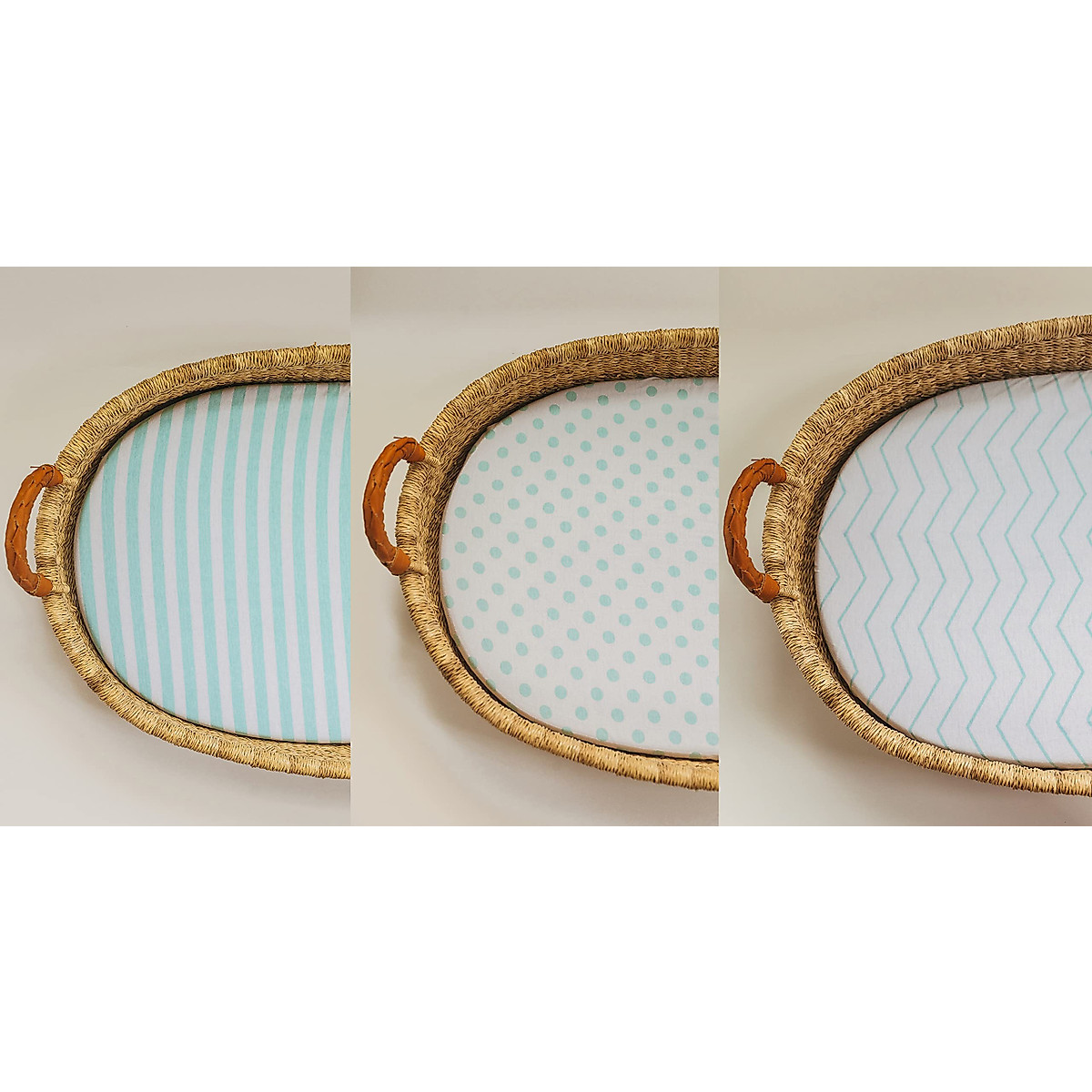 NODNAL CO. 3 Fitted Bassinet Sheets Mint Set Baby Girl/Boy - 100% Oeko-TEX Cotton - Gender Neutral Chevron Polka Dot Stripe Universal Fit - Cradle/Moses Basket Hourglass Oval Rectangle Mattress Sheet