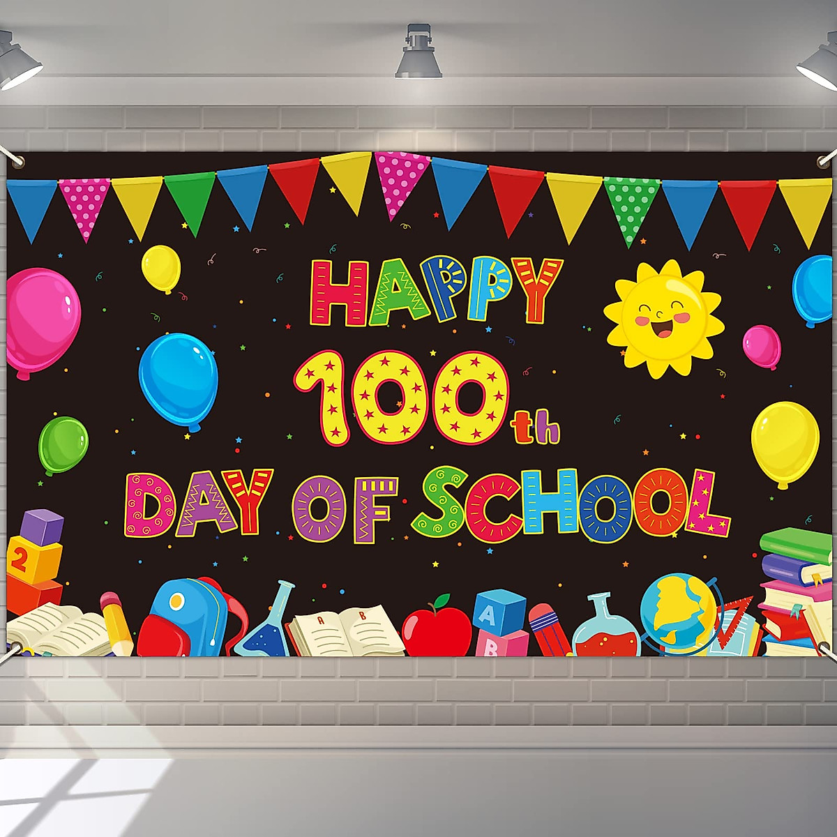 100th Day of School Backdrop, Happy 100 Days Background Banner for Kindergarten Preschool Primary School Celebrate 100th Day Party Supplies Favors (Black)