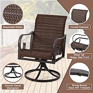 EROMMY Patio Swivel Chairs Set of 2, Heavy Duty Outdoor Dining Chair with 23.5'' High Back, Extra-Large Water-Fall Seat, Rattan Wicker Porch Chair Gentle Rocker for Outside Dark Brown