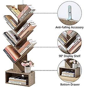 Hoctieon 6 Tier Tree Bookshelf, 6 Shelf Bookcase with Drawer, Modern Book Storage, Free Standing Tree Bookcase, Display Floor Standing Storage Shelf for Books, Utility Organizer Shelves