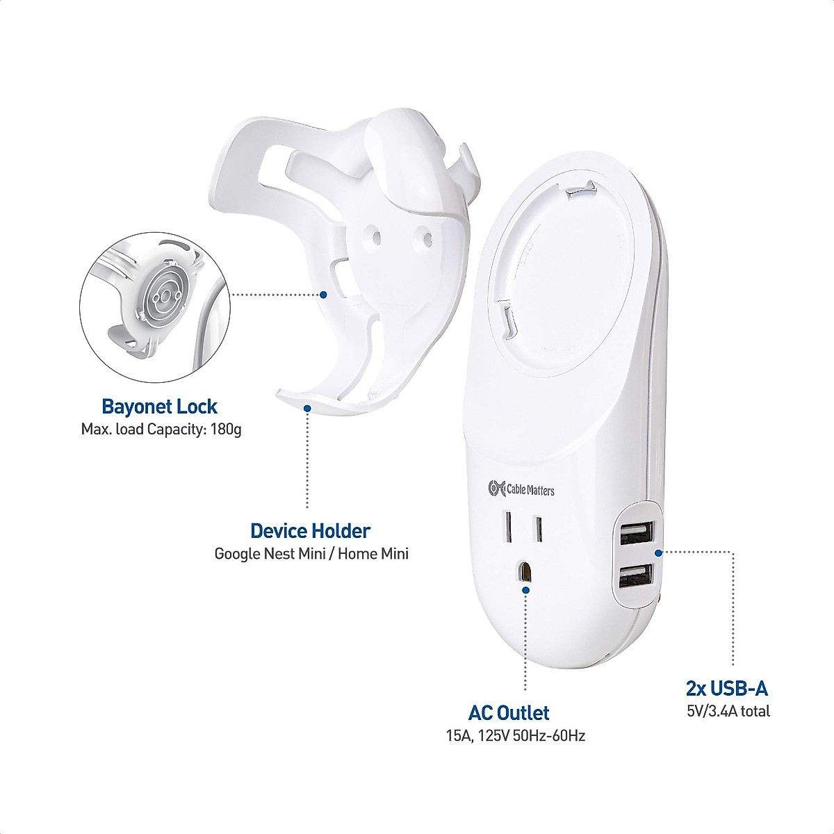 Cable Matters UL Listed Wall Mount with Electrical Outlet and 17W Smart USB Charging for Google Home Mini and Nest Mini