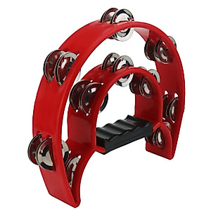 Ogrmar Double Row Handled Tambourine Metal Jingles Hand Held Percussion Drum with Ergonomic Handle Grip for Gift KTV/Party/Kids Toy (Red)