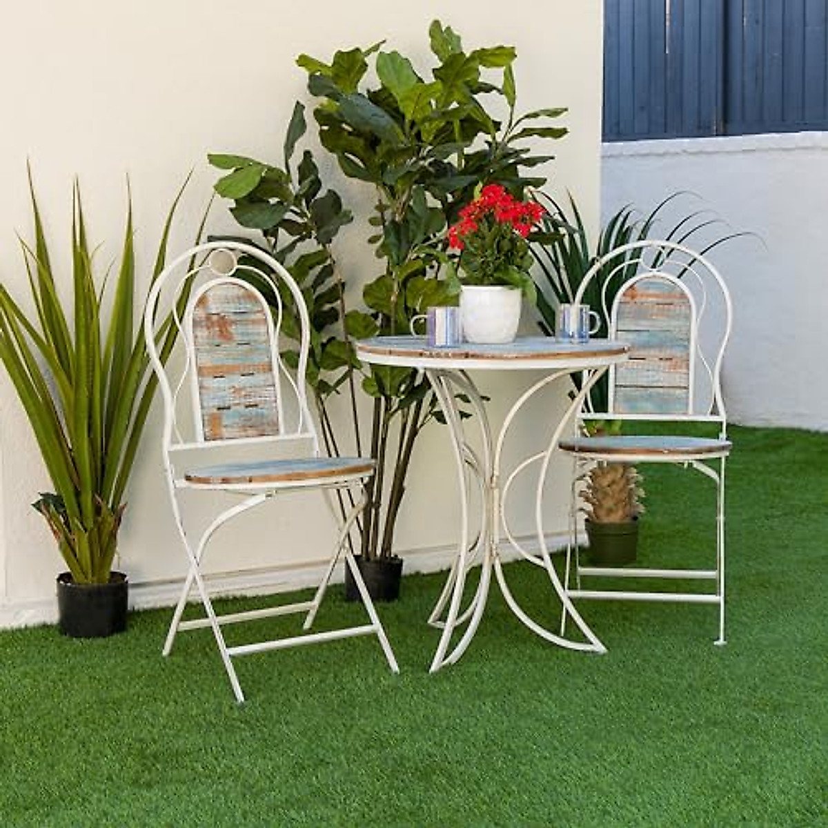 Alpine Corporation Indoor/Outdoor 3-Piece Wood and Metal Bistro Set Table and Folding Chairs Patio Seating