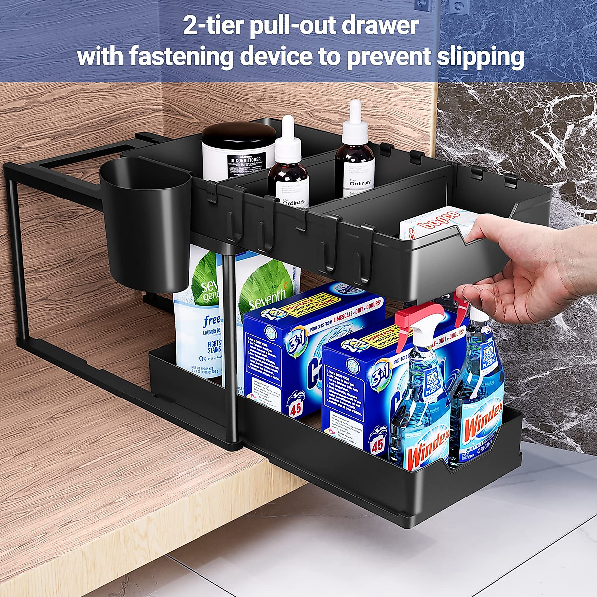 Puricon 2 Pack Clear Lazy Susan Turntable Organizer Bundle with 2 Pack Under Sink Organizers and Storage 2-Tier Double Sliding Pull-Out Drawer