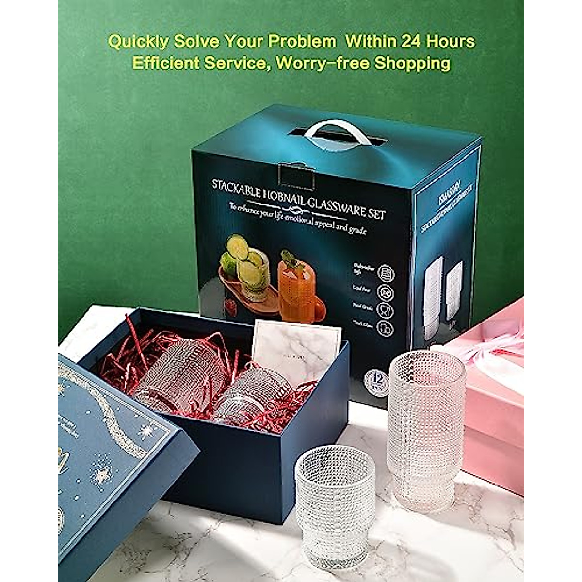 ISMASOAN Hobnail Drinking Glasses Set of 12,Glass Cups 12 oz and 7 oz,Hobnail Glassware,Vintage Glassware,Romantic Water Glasse,Drinking Glasses,Collins Glasses