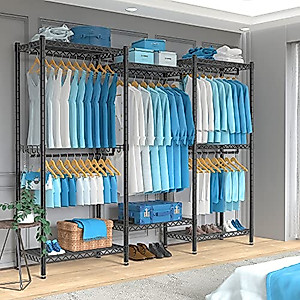 PUNION Portable Wardrobe Rack, 7 Tiers Wire Shelving Black Garment Rack, Compact Extra Large Clothing Racks Metal with 5 Hanging Rods, 1 Pair Side Hooks for Hanging Clothes