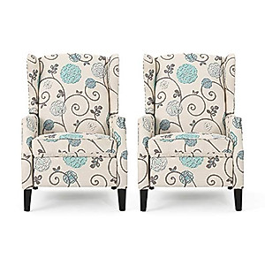Christopher Knight Home Ellyn Fabric Recliner (Set of 2), Light Beige with Blue Floral, Dark Brown