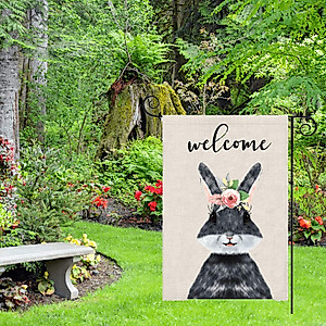 Spring Garden Flag 12 x 18 Double Sided, Welcome Spring Yard Flag with Floral Bunny - Burlap Flag Small Seasonal Flags For Home Decor Outside Yard Decorations
