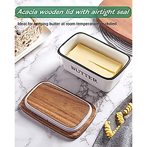 Butter Dish with Lid for Countertop - Large Ceramic Butter Container Holder with Acacia Wooden Lid for Counter - For Modern Kitchen Decor and Accessories - White