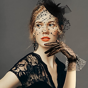 Yolev Fascinator Hat Faux Feather Mesh Veil Hat Short Lace Glove 50s Costume Accessories for Women Wedding (Spotted) Black