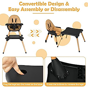 BABY JOY 5 in 1 High Chair, Convertible High Chairs for Babies and Toddlers/Booster Seat/Table and Chair Set, Infant Wooden Highchair w/ 5-Point Harness, 4-Position Removable Tray & PU Cushion, Coffee