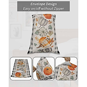 Thanksgiving Pillow Covers Standard Size Set of 2 Bed Pillow, Black White Plaid Pumpkin Fallen Leaves Farmhouse Plush Soft Comfort for Hair/ Skin Cooling Pillowcases with Envelop Closure 20''x26''