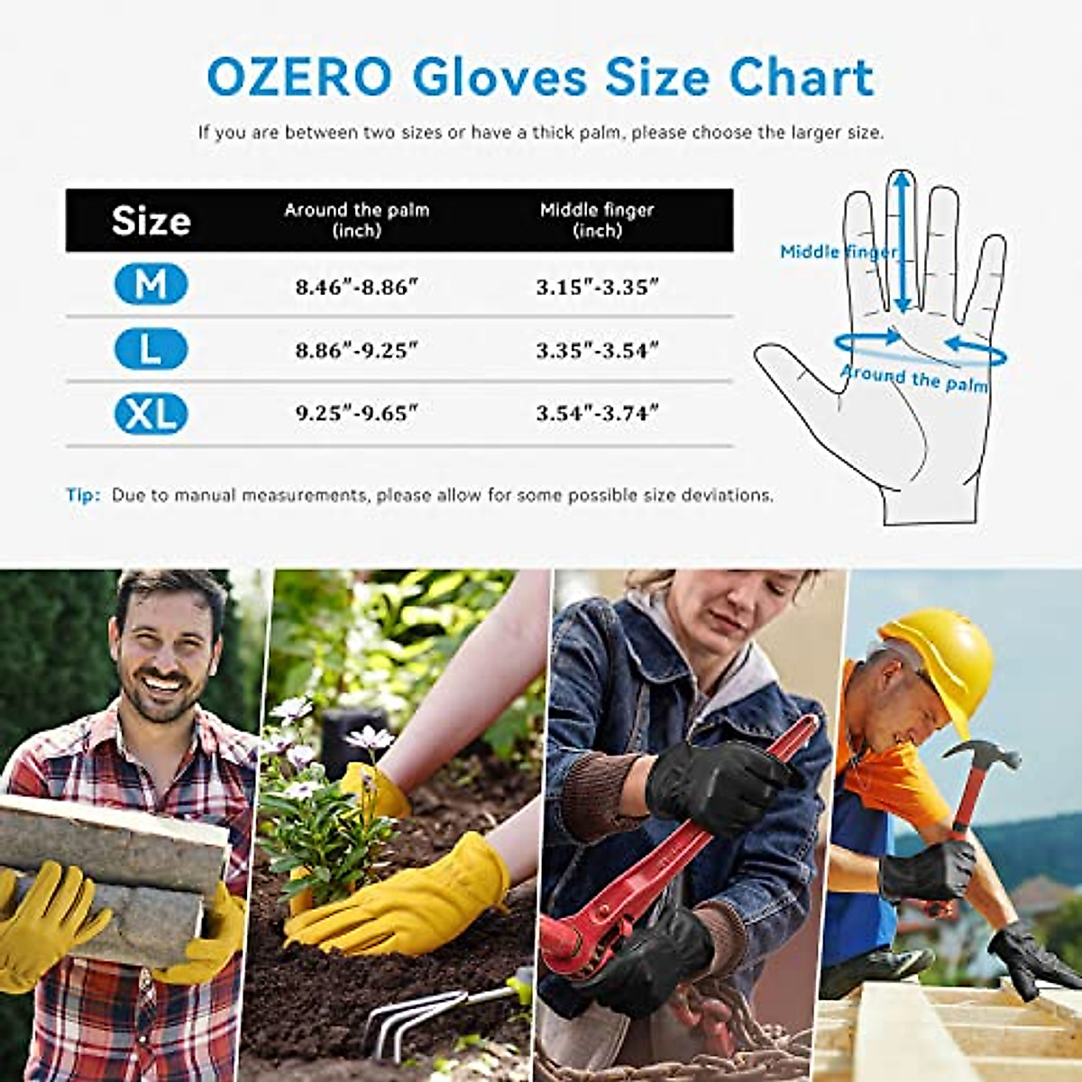 OZERO Leather Work Gloves Flex Grip Stretchable Tough Cowhide Work Gloves 1 Pair (Gold, Medium)