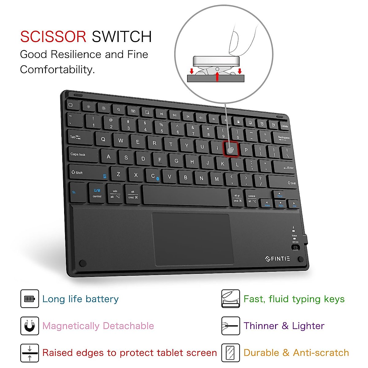 Fintie Ultrathin 4mm Wireless Bluetooth Keyboard with Built-in Multi-Touch Touchpad for iPad, iPhone, Samsung Galaxy, Nexus, Microsoft Surface, HP and Other Bluetooth Devices [Retail Packaging]