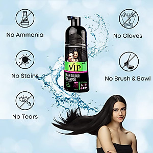 VIP 5 in 1 Hair Color Shampoo (400ml Bottle + 2 Sachets) (black) For Hairs, Mustache, Beard, Chest & hands, Ammonia Free Instant Hair Colour Can be Applied with Bare Wet hands