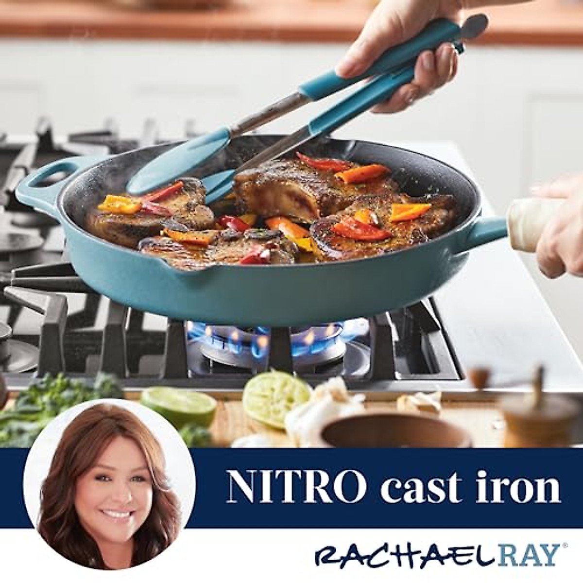 Rachael Ray NITRO Cast Iron Frying Pan/Skillet with Helper Handle and Pour Spouts, 12 Inch, Agave Blue