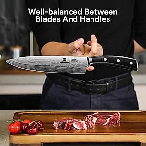 Piklohas Kitchen Knife Sets for Kitchen with Block, 17 Pieces with Magnetic Knife Holder, German High Carbon Stainless Steel Damascus Pattern Chef Knives Set with Sharpener, Steak Knives