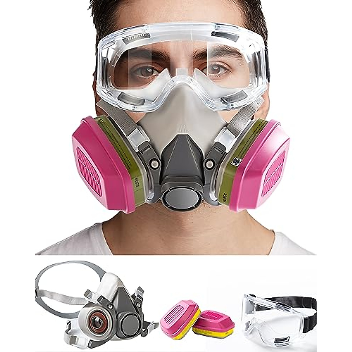 Reusable Respirator Mask, Chemical Respirator Half Facepiece with Anti-Fog Safety Goggle Set Against Dust/Organic Vapors/Chemical/Particle/Pollen for Painting, Sanding Work