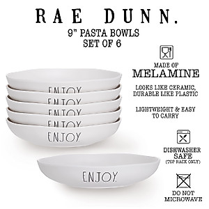 Rae Dunn Melamine Dinner Bowl - Durable Dishwasher Safe Pasta Bowls - Set of 6 (9 inch / 8.2oz) Bowls for Soup, Cereal, Pasta, Salads