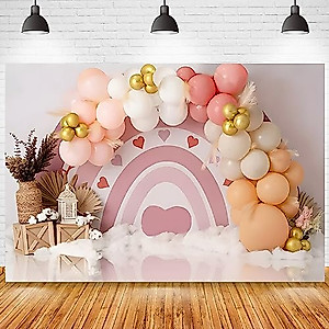 Bohemian Rainbow Backdrop Gold Pampas Grass Boho Birthday Party Decoration Bohemian Cake Smash Photo Background Baby Girls First One Birthday Decorations Baby Shower Cake Smash Banner,5x3ft