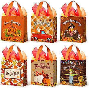 Sweetude 36 Pack Thanksgiving Non Woven Tote Bags Bulk Reusable Fall Gift Bags Pumpkin Turkey Bags with Handles Autumn Goodie Shopping Bags with Tissue Paper for Fall Thanksgiving Party Favors