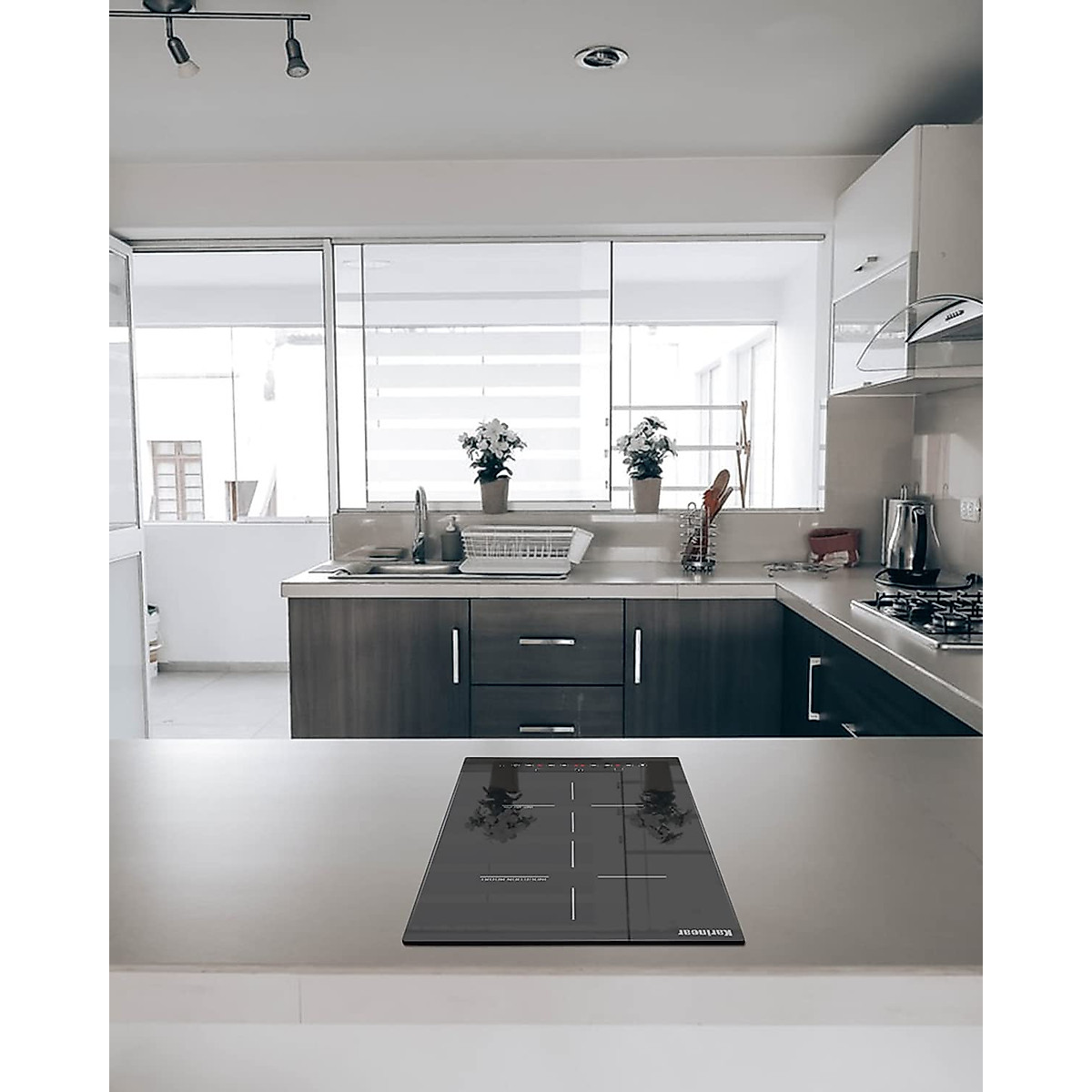 Karinear 12 Inch Induction Cooktop 2 Burner Drop In Electric Cooktop, Induction Stove Top Ceramic Glass with Booster, Child Lock, Timer, Pause function, 220-240V, 3500W, Hard Wire(No Plug)