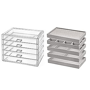UYBeauty Acrylic Jewelry Box with 5 Drawers,Velvet Jewellery Organizer,Jewelry Storage Case for Earring Necklace,Ring Organizer Storage for Women(Grey,5 Drawers)