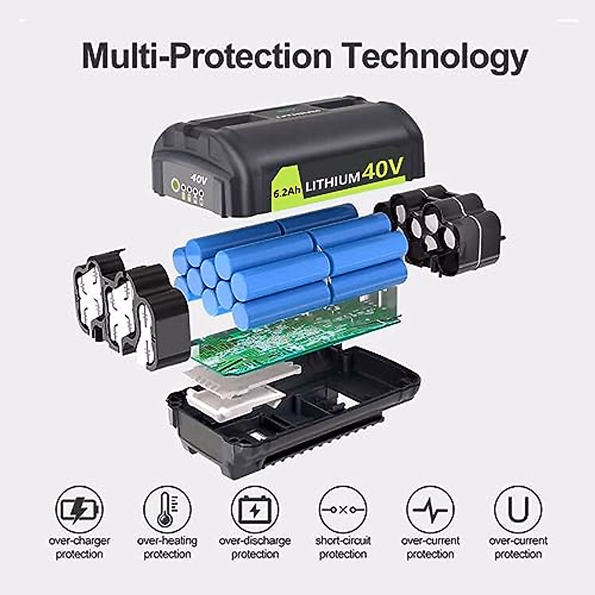 FSKE 6.2Ah OP4026 40V Battery Replacement for Ryobi 40V Lithium Battery OP4026 OP40201 OP40261 OP4030 OP4040 OP40401 OP4050 OP40501 OP4050A OP40601 OP4060A