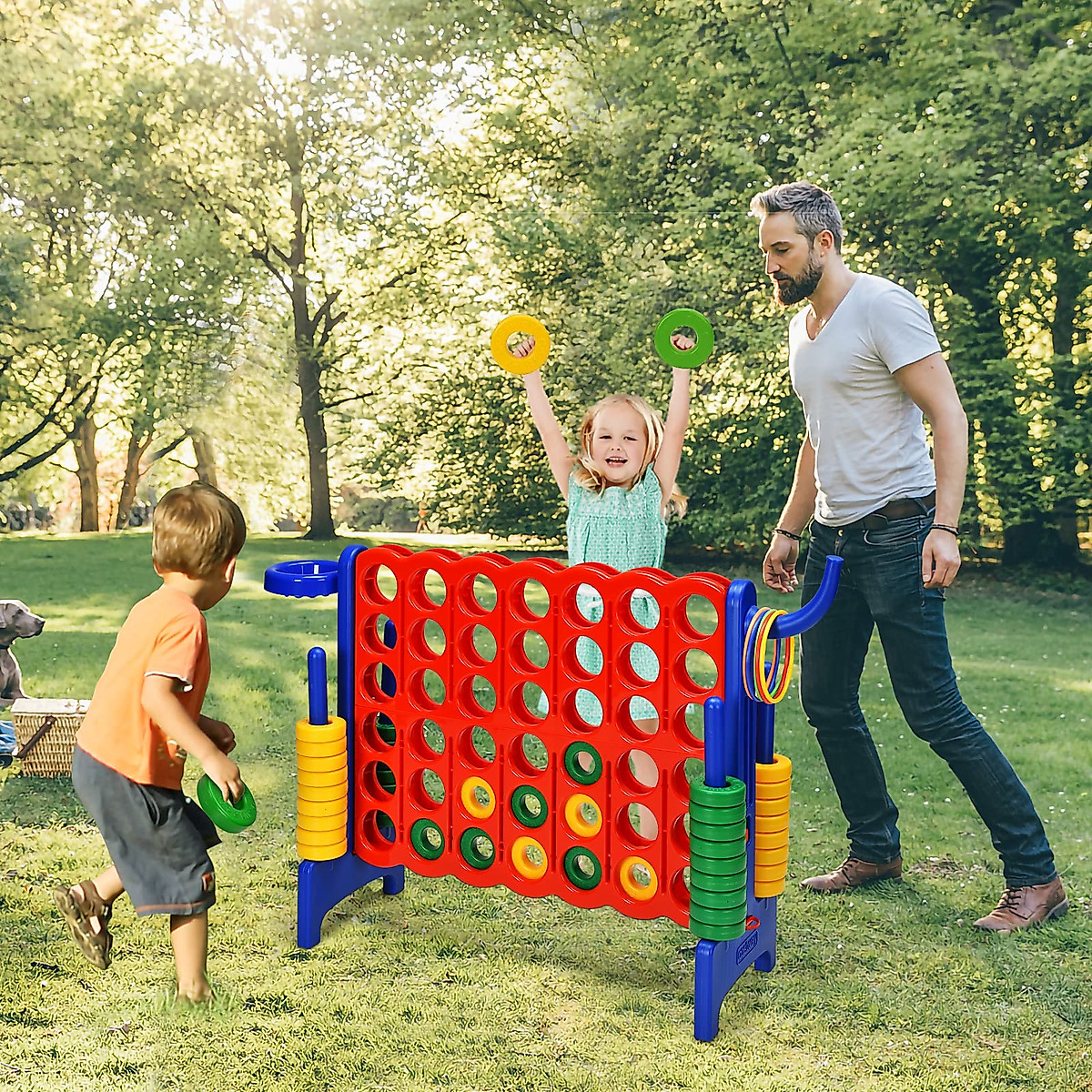HONEY JOY Jumbo 4-to-Score Giant Game Set, 3-in-1 Indoor Outdoor Family Yard Game Set w/Basketball Hoop & Ring Toss, 42 Jumbo Rings, Quick-Release Slider, Giant 4-in-A-Row for Kids & Adults
